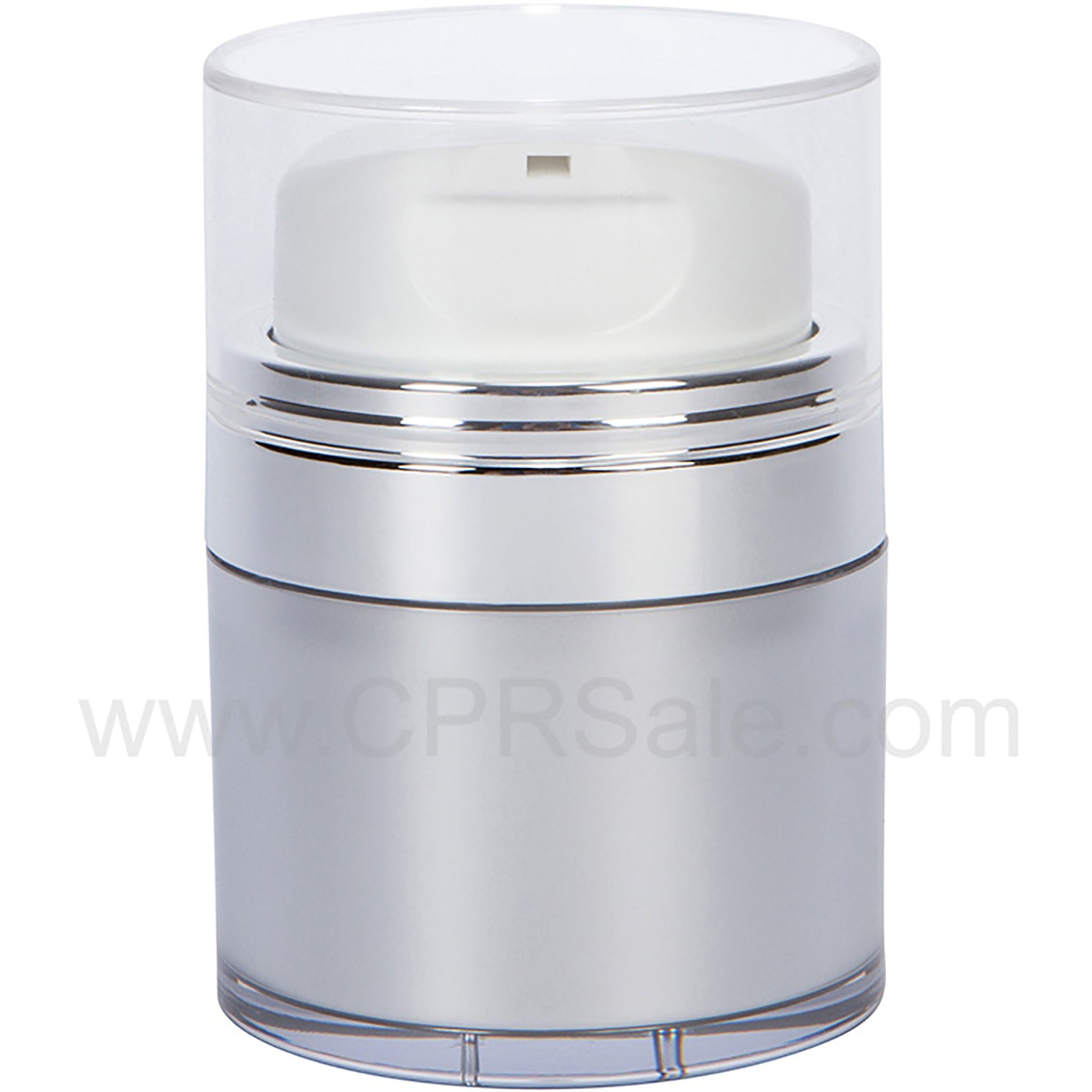 Airless Jar, Clear Cap, with Tall White Pump, Shiny Silver Collar, Pla